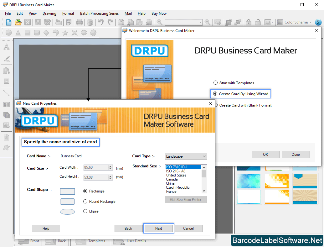 Screenshots of Business Card Maker Software to generate business cards