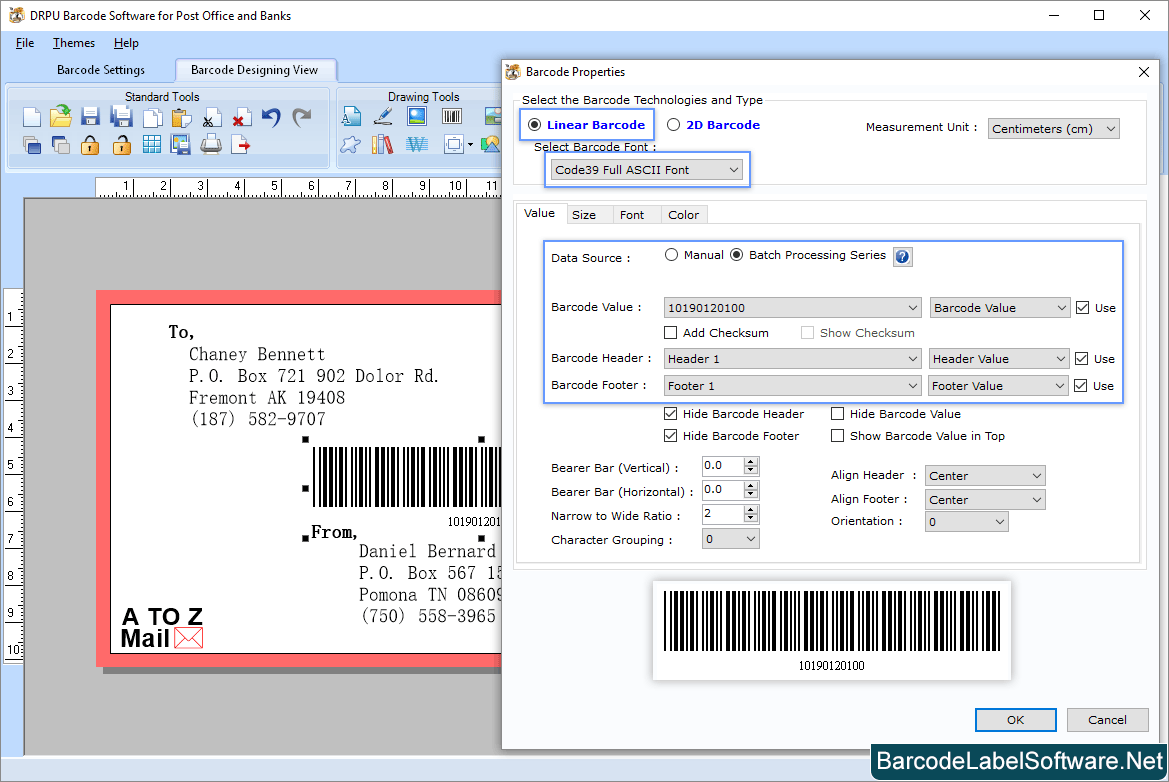 Screenshots of Barcode Software for Post Office to create linear and 2D ...